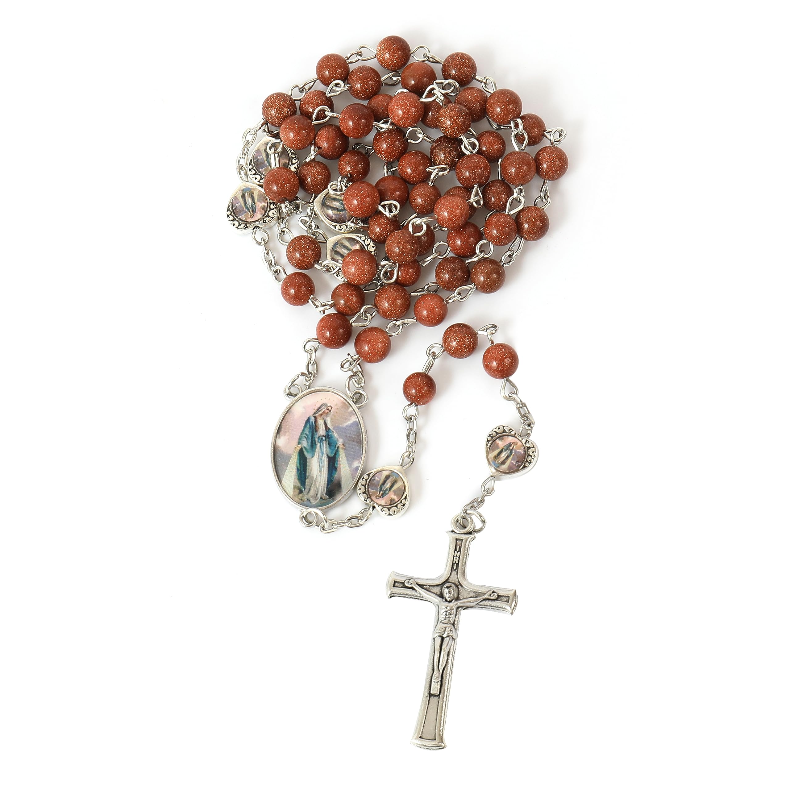 Nazareth Store Natural Goldstone Beads with Miraculous Epoxy Heart Metal Beads Rosary Necklace Gemstone Christian Gifts