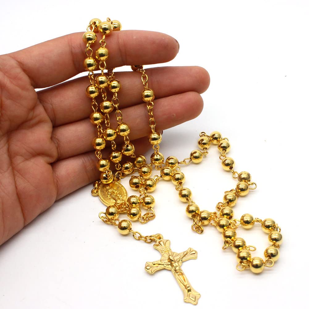 Surakey Catholic Pearl Beads Rosary Necklace Metal Beaded Miraculous Medal & Cross Rosary Copper Necklace Pendent Christians Religious Communion Baptism Mass Bible for Women (Gold)