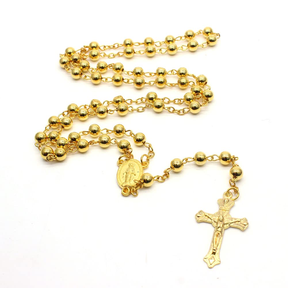 Surakey Catholic Pearl Beads Rosary Necklace Metal Beaded Miraculous Medal & Cross Rosary Copper Necklace Pendent Christians Religious Communion Baptism Mass Bible for Women (Gold)