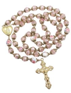 nazareth store catholic pink crystal beads gold rosary flowers beaded necklace holy mary heart locket medal & cross religious amulet for women