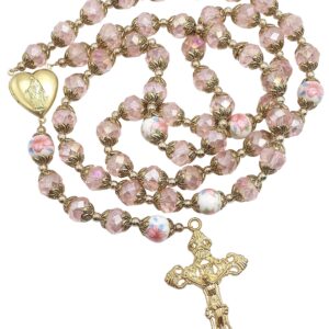 Nazareth Store Catholic Pink Crystal Beads Gold Rosary Flowers Beaded Necklace Holy Mary Heart Locket Medal & Cross Religious Amulet for Women