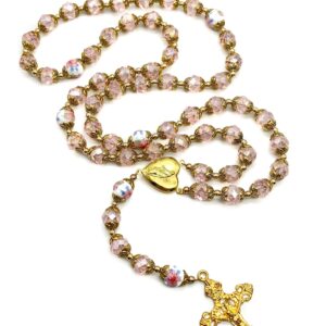 Nazareth Store Catholic Pink Crystal Beads Gold Rosary Flowers Beaded Necklace Holy Mary Heart Locket Medal & Cross Religious Amulet for Women