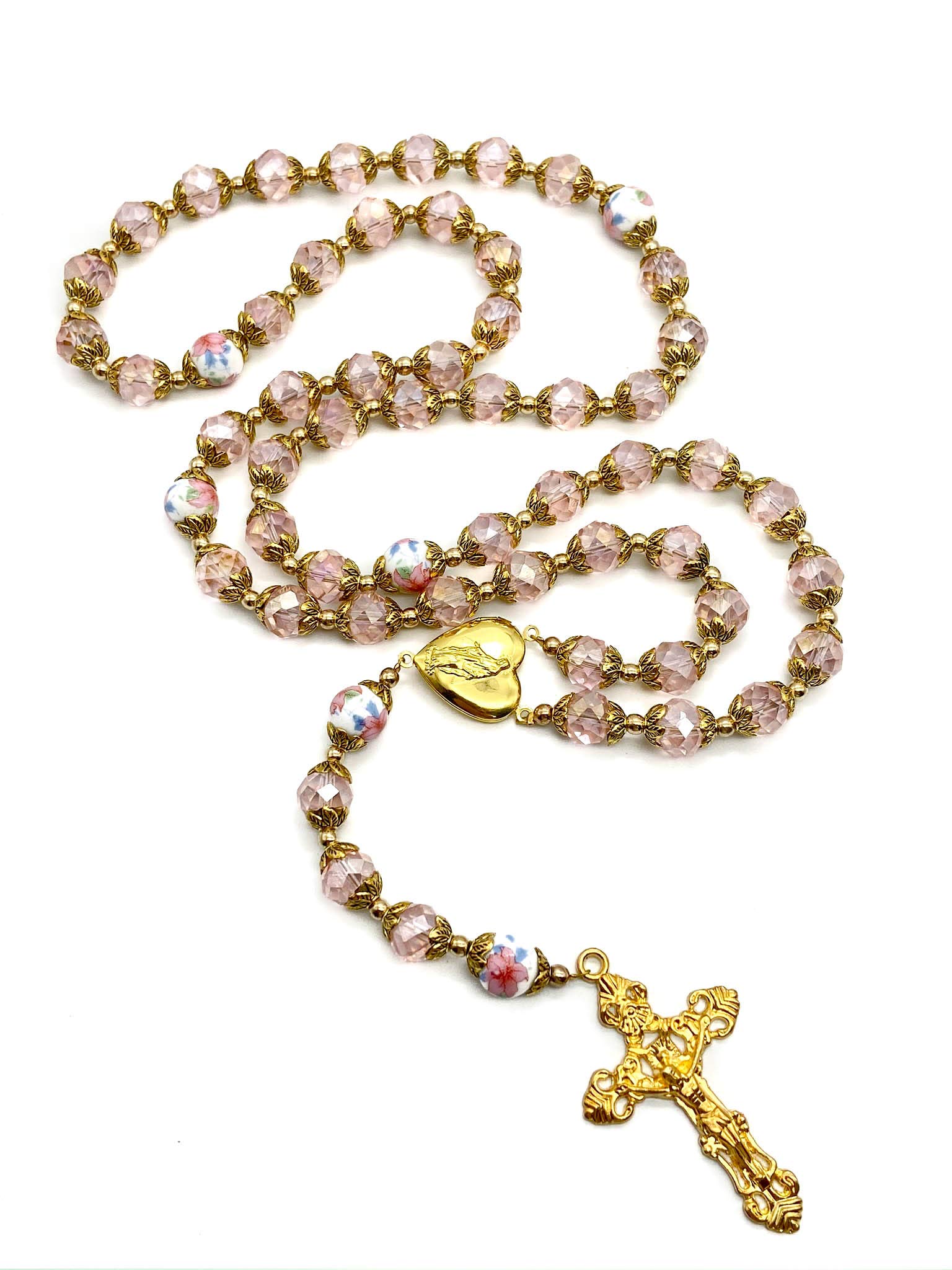 Nazareth Store Catholic Pink Crystal Beads Gold Rosary Flowers Beaded Necklace Holy Mary Heart Locket Medal & Cross Religious Amulet for Women