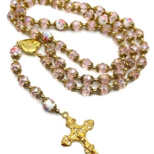 Nazareth Store Catholic Pink Crystal Beads Gold Rosary Flowers Beaded Necklace Holy Mary Heart Locket Medal & Cross Religious Amulet for Women