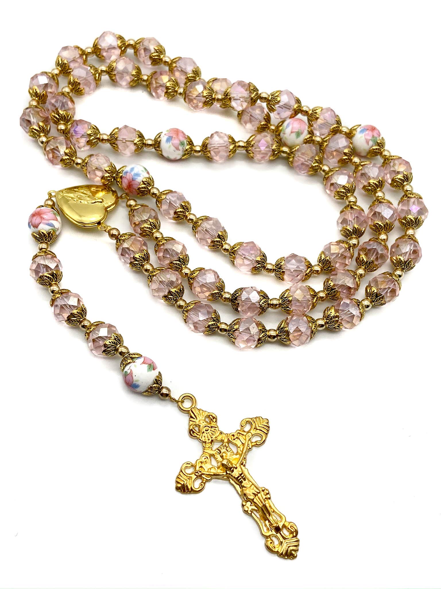 Nazareth Store Catholic Pink Crystal Beads Gold Rosary Flowers Beaded Necklace Holy Mary Heart Locket Medal & Cross Religious Amulet for Women