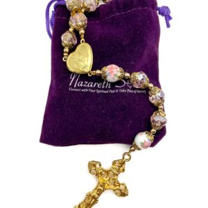 Nazareth Store Catholic Pink Crystal Beads Gold Rosary Flowers Beaded Necklace Holy Mary Heart Locket Medal & Cross Religious Amulet for Women