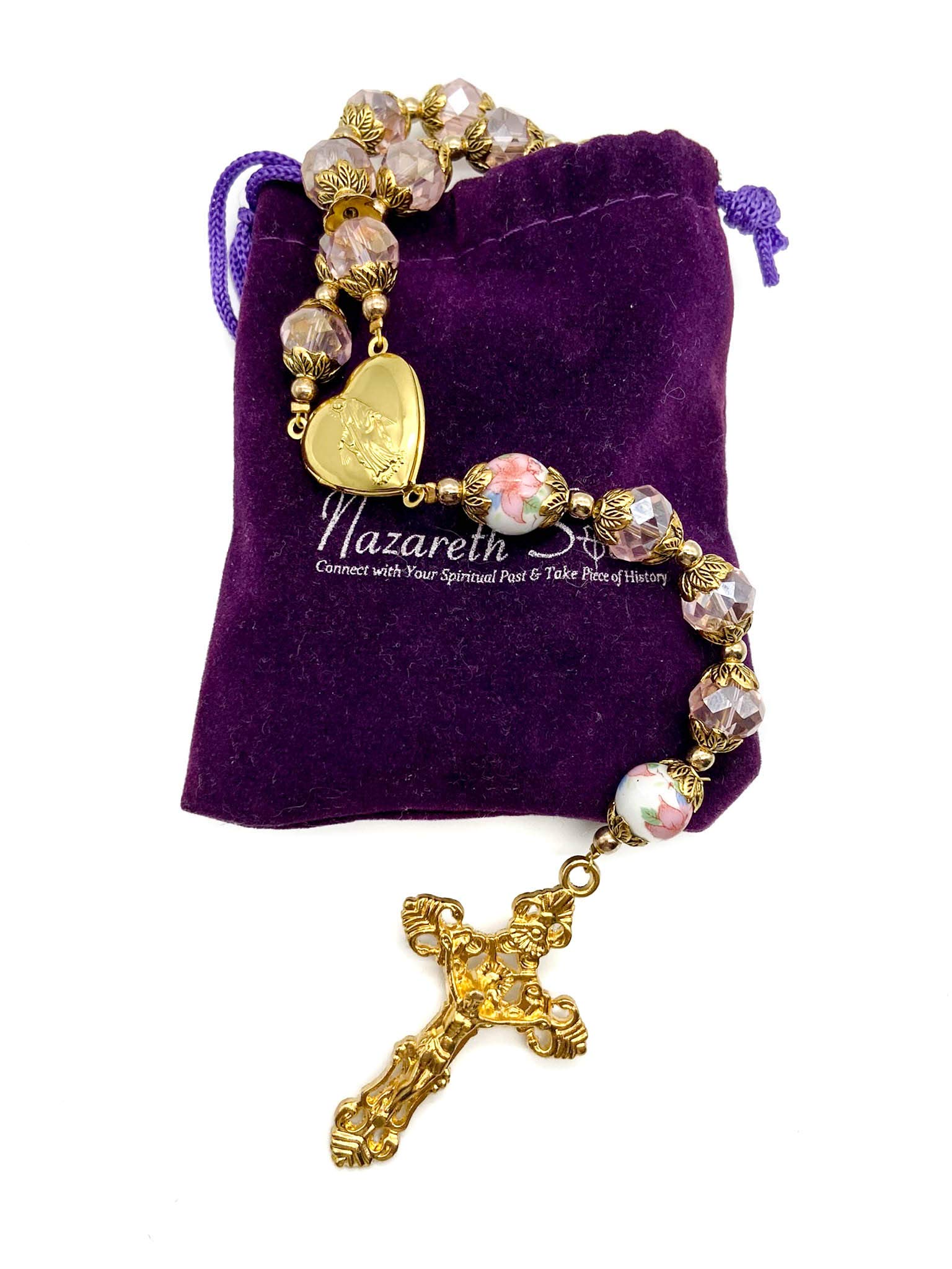 Nazareth Store Catholic Pink Crystal Beads Gold Rosary Flowers Beaded Necklace Holy Mary Heart Locket Medal & Cross Religious Amulet for Women