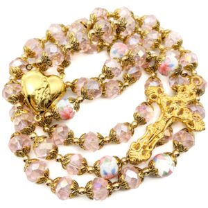 Nazareth Store Catholic Pink Crystal Beads Gold Rosary Flowers Beaded Necklace Holy Mary Heart Locket Medal & Cross Religious Amulet for Women