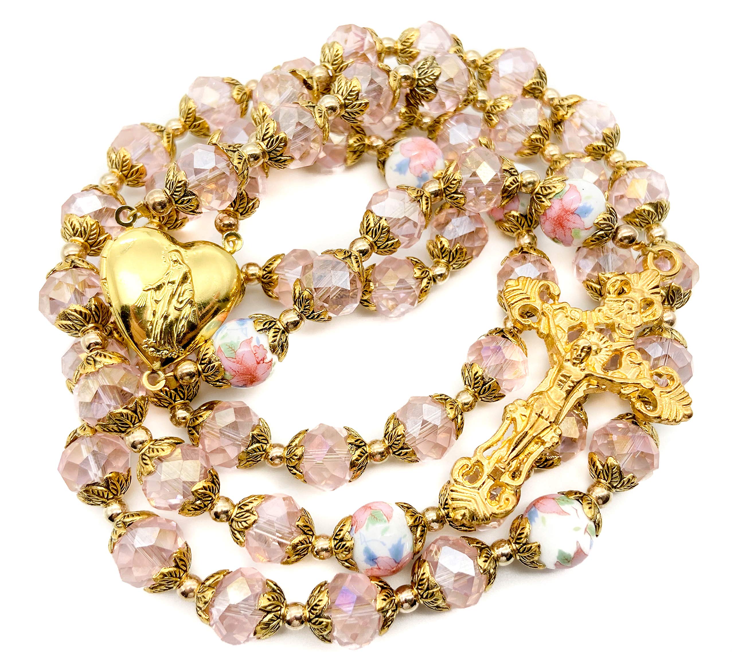 Nazareth Store Catholic Pink Crystal Beads Gold Rosary Flowers Beaded Necklace Holy Mary Heart Locket Medal & Cross Religious Amulet for Women