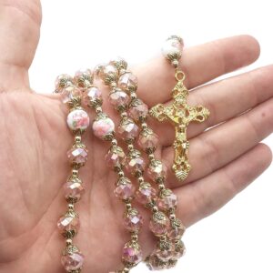 Nazareth Store Catholic Pink Crystal Beads Gold Rosary Flowers Beaded Necklace Holy Mary Heart Locket Medal & Cross Religious Amulet for Women