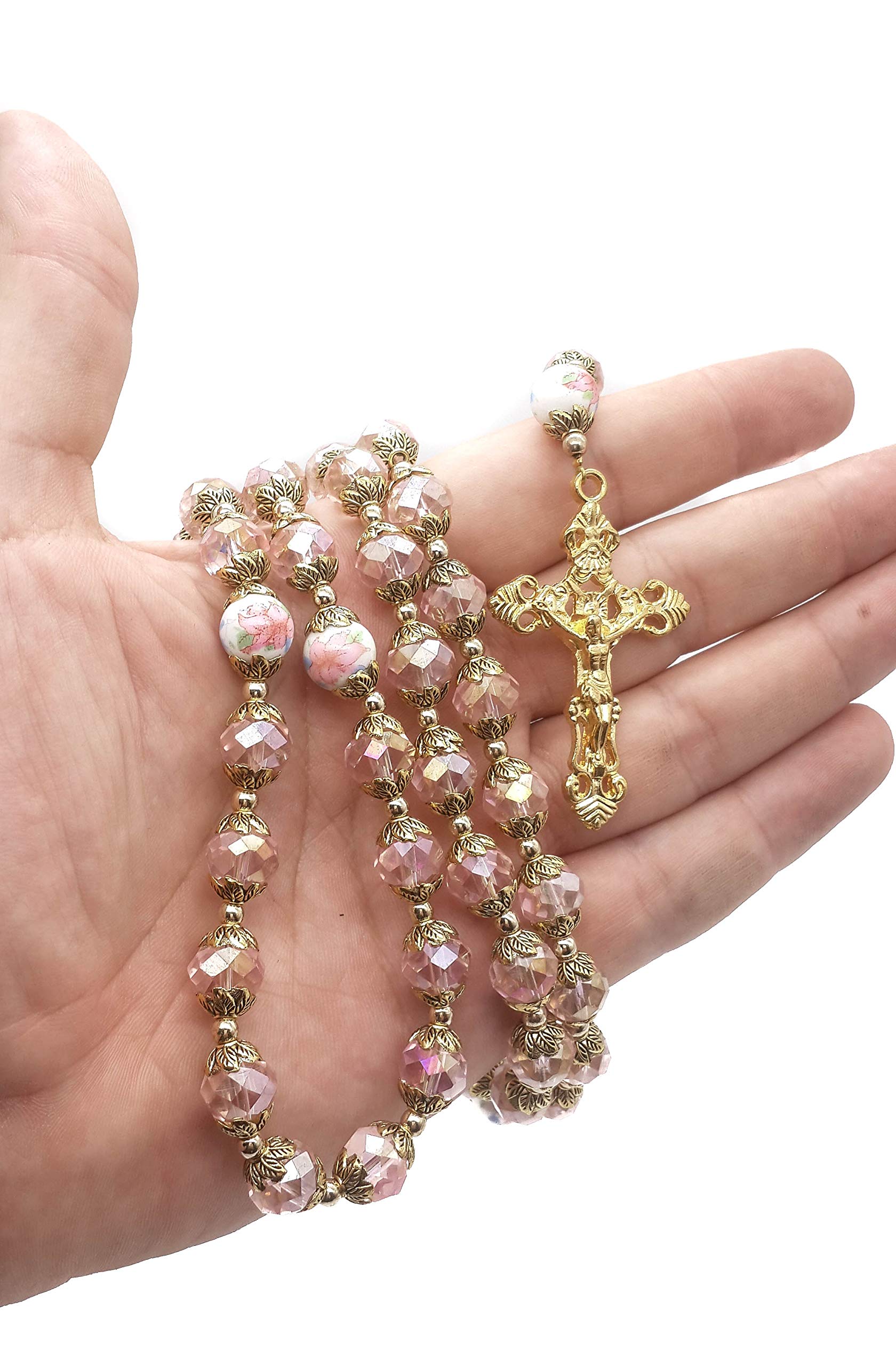 Nazareth Store Catholic Pink Crystal Beads Gold Rosary Flowers Beaded Necklace Holy Mary Heart Locket Medal & Cross Religious Amulet for Women