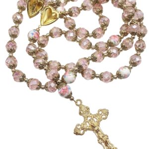 Nazareth Store Catholic Pink Crystal Beads Gold Rosary Flowers Beaded Necklace Holy Mary Heart Locket Medal & Cross Religious Amulet for Women