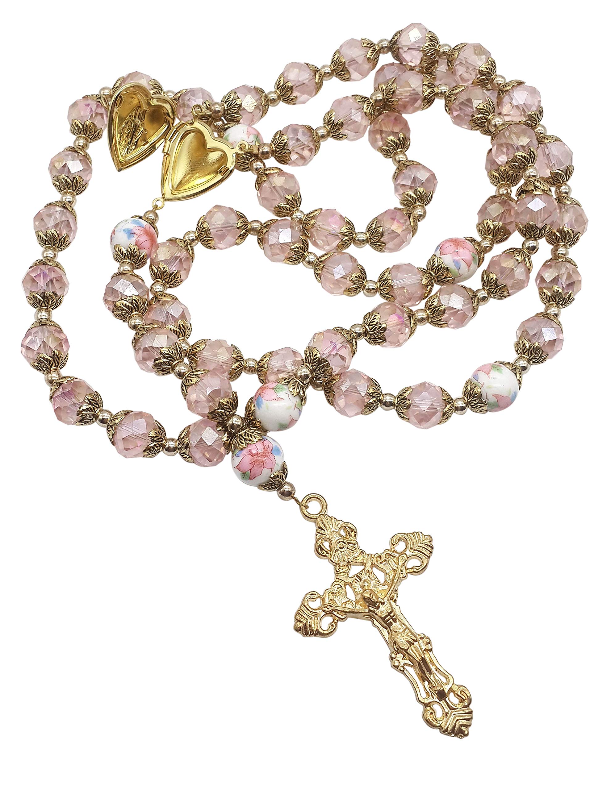 Nazareth Store Catholic Pink Crystal Beads Gold Rosary Flowers Beaded Necklace Holy Mary Heart Locket Medal & Cross Religious Amulet for Women