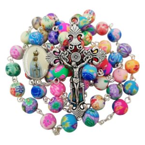 talisman4u catholic rosary necklace colorful polymer beads our lady of fatima jesus cross holy land gift rosary pouch