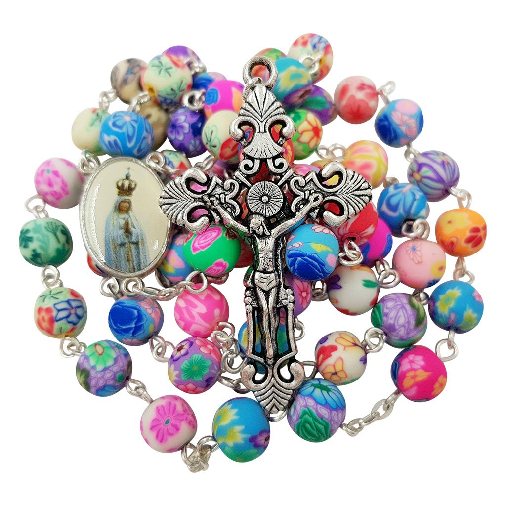 TALISMAN4U CATHOLIC ROSARY NECKLACE Colorful Polymer Beads Our Lady of Fatima Jesus Cross Holy Land Gift Rosary Pouch