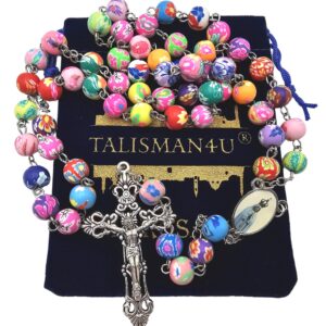 TALISMAN4U CATHOLIC ROSARY NECKLACE Colorful Polymer Beads Our Lady of Fatima Jesus Cross Holy Land Gift Rosary Pouch