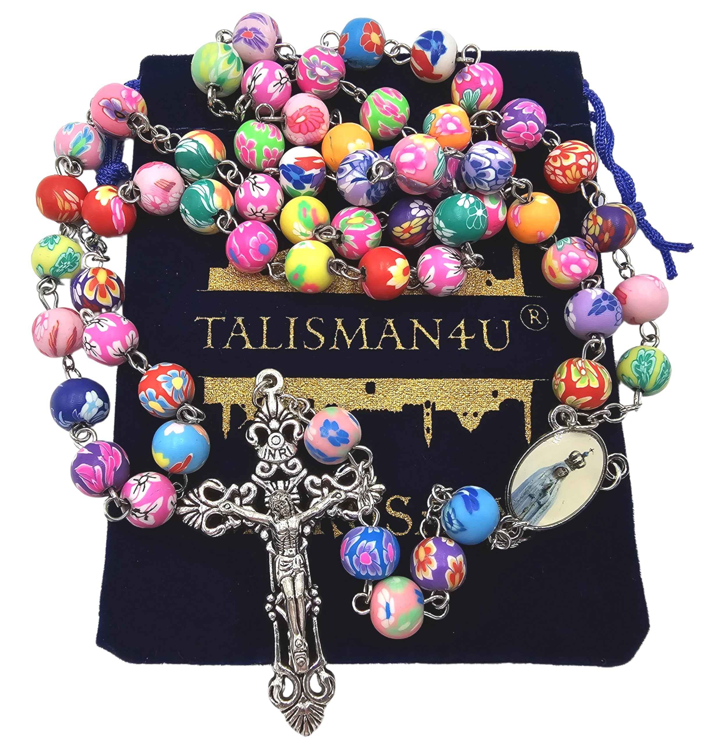 TALISMAN4U CATHOLIC ROSARY NECKLACE Colorful Polymer Beads Our Lady of Fatima Jesus Cross Holy Land Gift Rosary Pouch