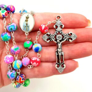 TALISMAN4U CATHOLIC ROSARY NECKLACE Colorful Polymer Beads Our Lady of Fatima Jesus Cross Holy Land Gift Rosary Pouch