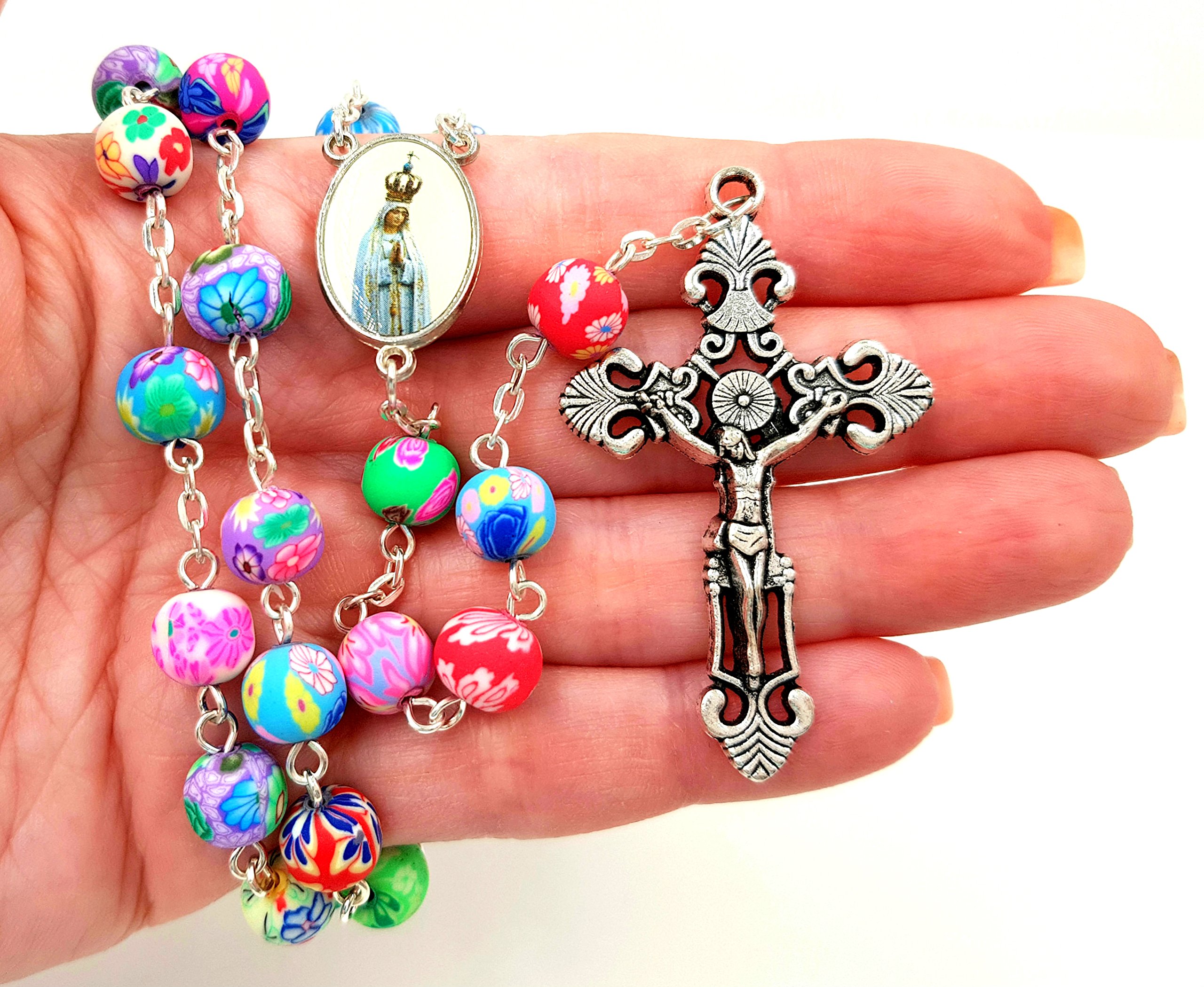 TALISMAN4U CATHOLIC ROSARY NECKLACE Colorful Polymer Beads Our Lady of Fatima Jesus Cross Holy Land Gift Rosary Pouch