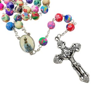 TALISMAN4U CATHOLIC ROSARY NECKLACE Colorful Polymer Beads Our Lady of Fatima Jesus Cross Holy Land Gift Rosary Pouch