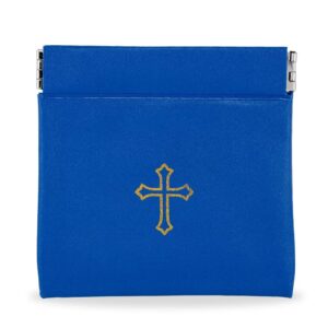 squeeze top rosary pouch blue vinyl with gold cross imprint