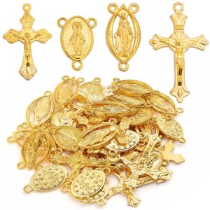 aylifu 40pcs golden rosary cross charms and center miraculous medal with maria crucifix cross pendants and oval chandelier links for easter holidays rosary jewelry making, 4 styles