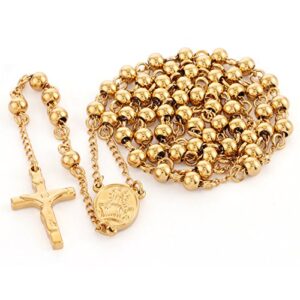 cottvott stainless steel 6mm beads rosary catholic necklace holy medal & crucifix 32inch(golden)