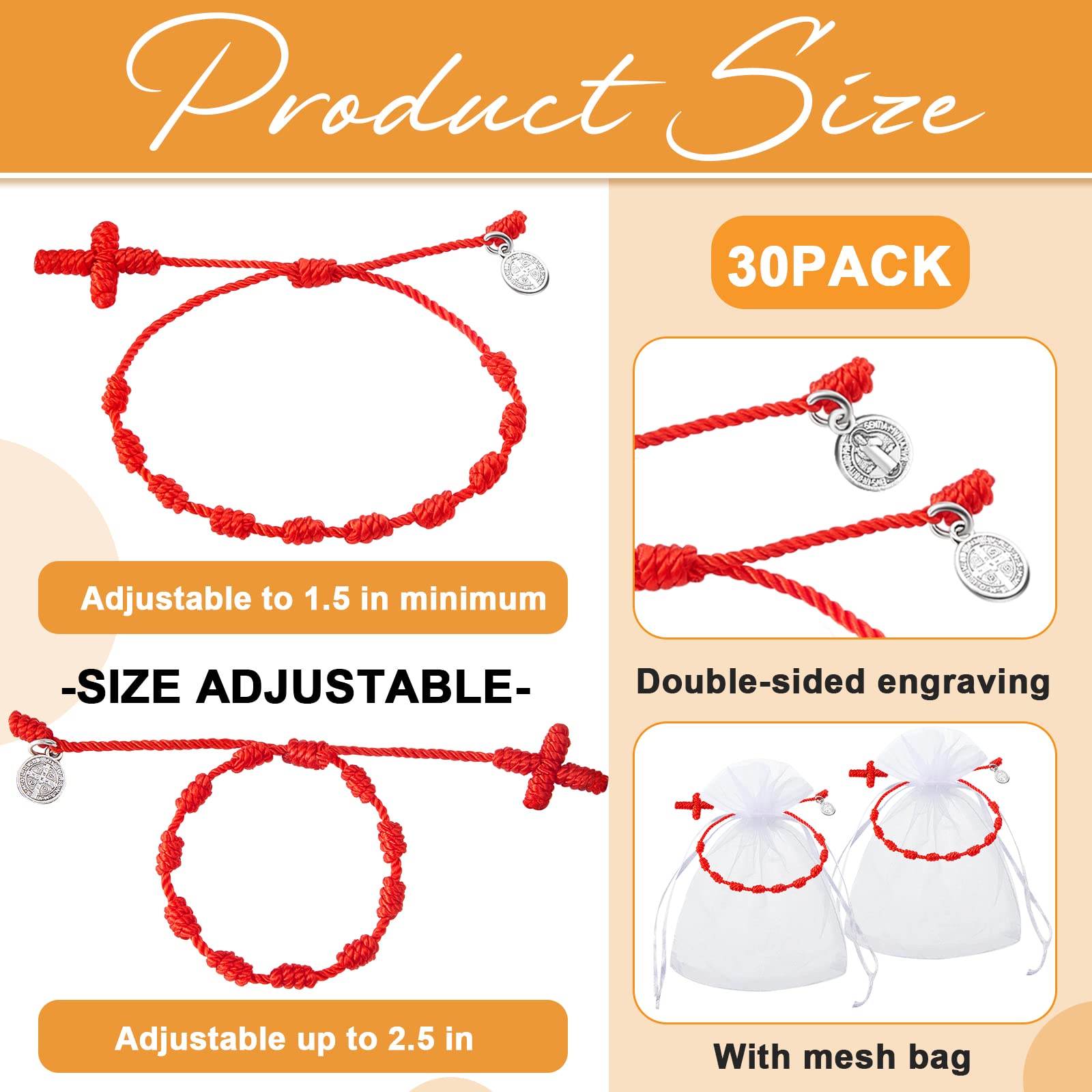 Yinkin 30 Pieces St Benedict Medal Rosary Bracelet Bulk Adjustable Knot String Braided Bracelet Baby Protection Mexican Bracelets with Mesh Bags for Women Men Girls Boys Minimalist Jewelry (Red)