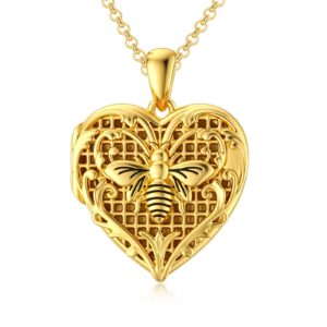 soulmeet 18k gold plated heart shaped honeycomb bee locket necklace that holds 1 picture, 20" (locket only)