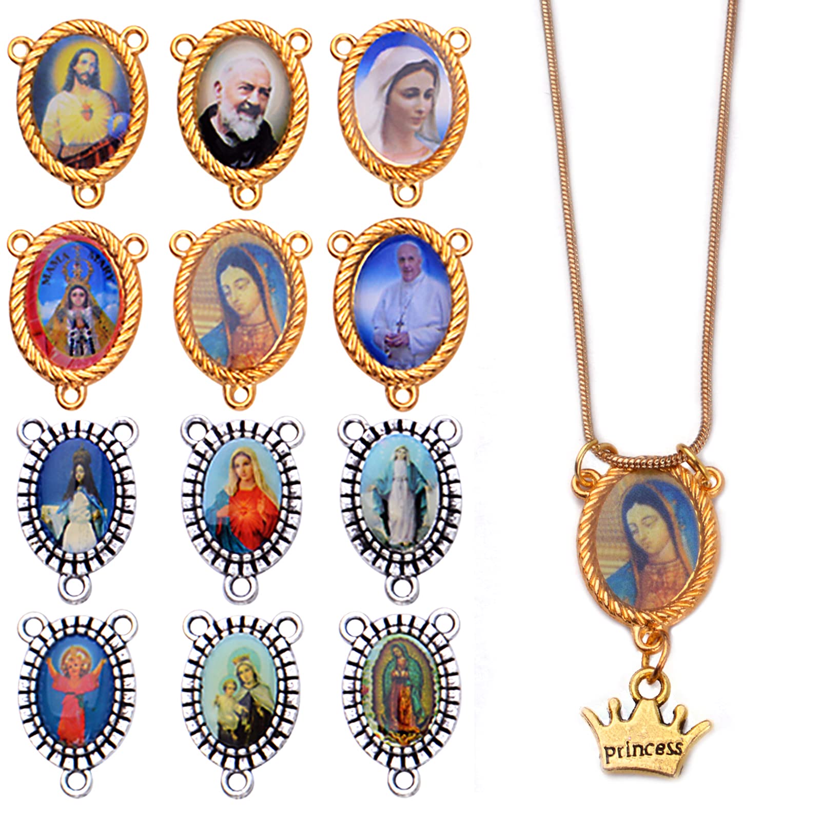 20pcs Mixed Pictures Oval Virgin Mary Miraculous Medal Floral Rosary Centerpiece Alloy Jesus Crucifix Cross Pendants Charms Connectors for DIY Jewelry Making, Gold, Silver