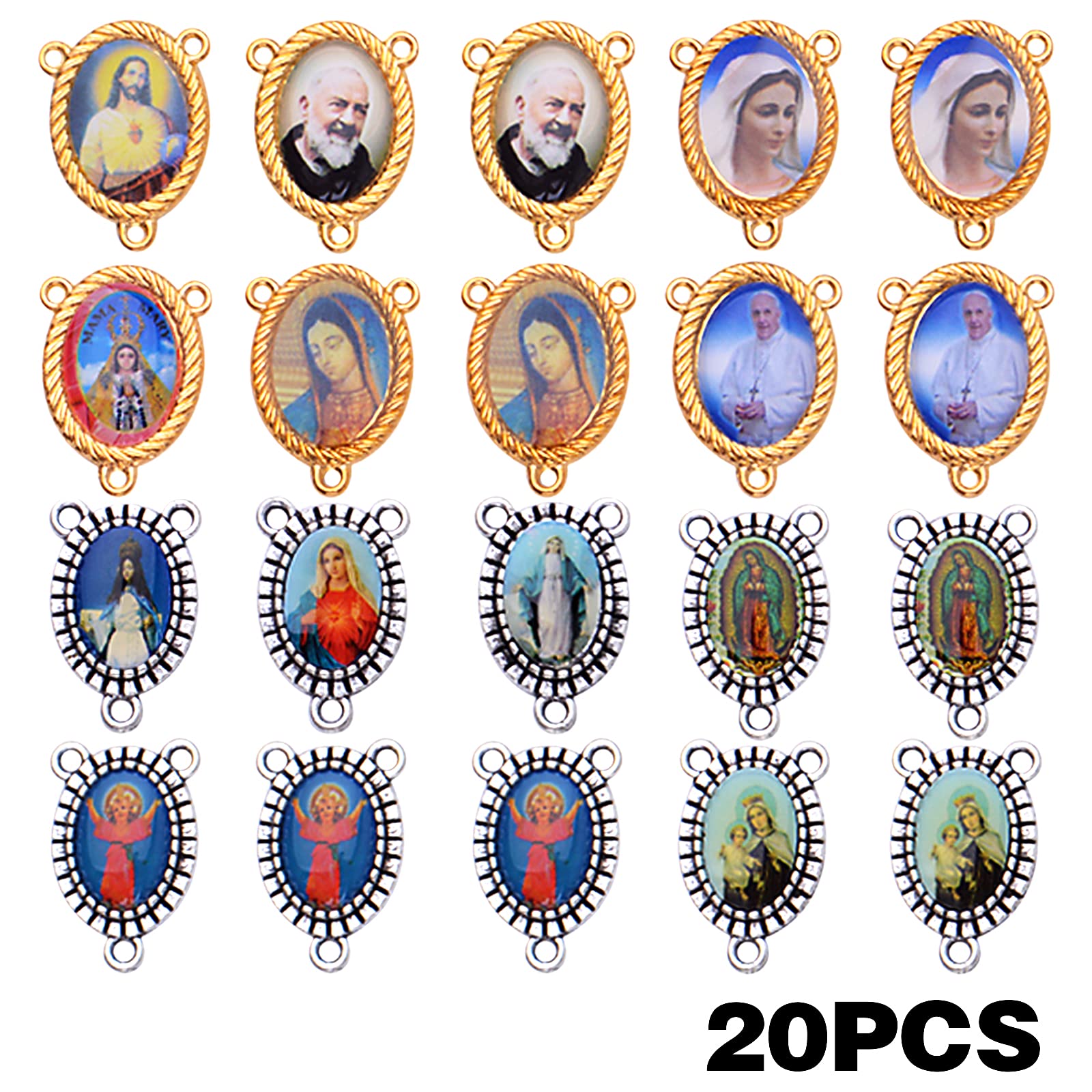 20pcs Mixed Pictures Oval Virgin Mary Miraculous Medal Floral Rosary Centerpiece Alloy Jesus Crucifix Cross Pendants Charms Connectors for DIY Jewelry Making, Gold, Silver