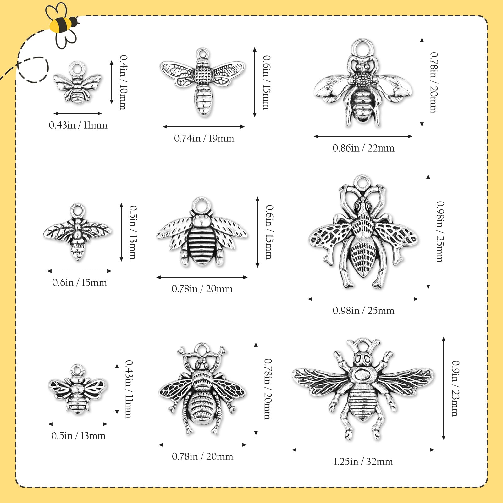 JIALEEY 81PCS Alloy Bee Honeybee Charms Antique Tibetan Silver Bee Charms Pendants DIY for Necklace Bracelet Earrings Jewelry Making Crafting