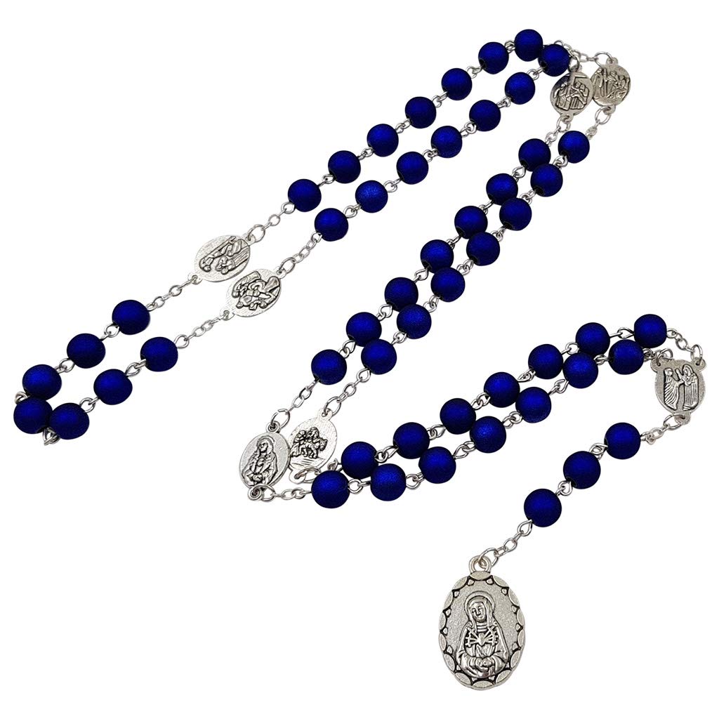 TALISMAN4U Seven Sorrows of Mary Rosary Chaplet Deep Blue Acrylic Beads Catholic Jewelry Necklace for Women with Rosary Box