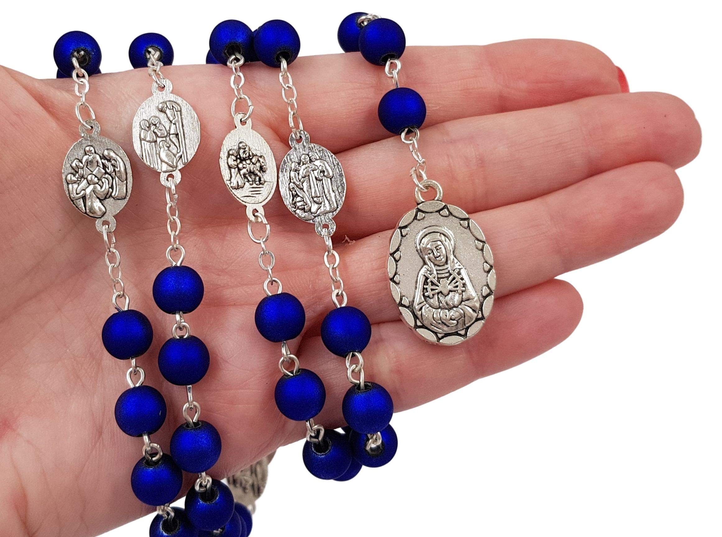 TALISMAN4U Seven Sorrows of Mary Rosary Chaplet Deep Blue Acrylic Beads Catholic Jewelry Necklace for Women with Rosary Box