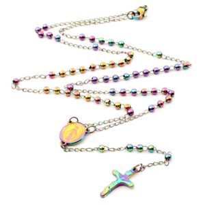 blowin 3mm rainbow beads christian rosary necklace for women men, colorful stainless steel praying rosary necklace jewelry, 26 inch