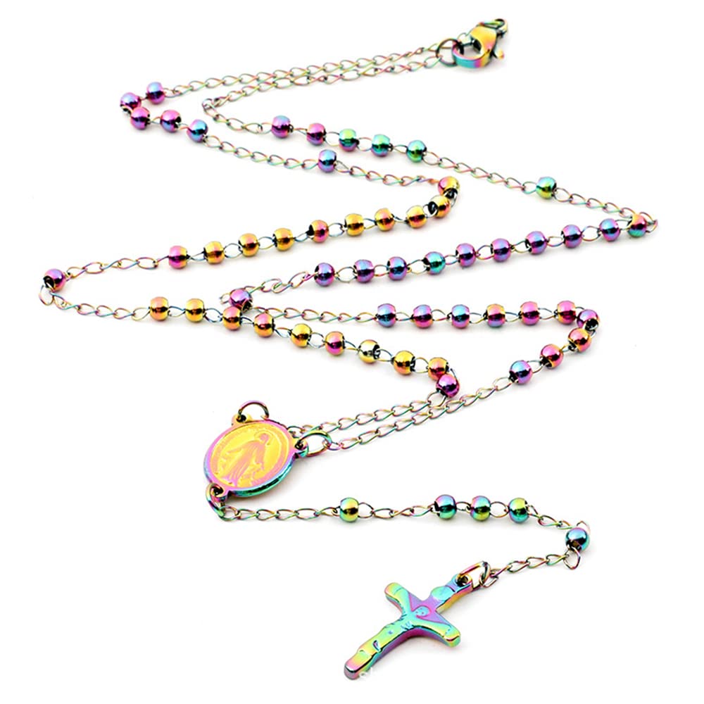 Blowin 3mm Rainbow Beads Christian Rosary Necklace for Women Men, Colorful Stainless Steel Praying Rosary Necklace Jewelry, 26 Inch