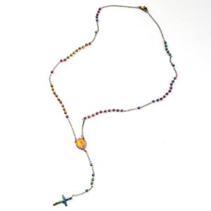 Blowin 3mm Rainbow Beads Christian Rosary Necklace for Women Men, Colorful Stainless Steel Praying Rosary Necklace Jewelry, 26 Inch