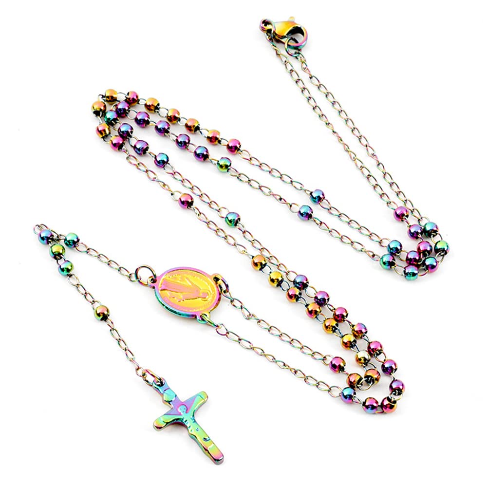 Blowin 3mm Rainbow Beads Christian Rosary Necklace for Women Men, Colorful Stainless Steel Praying Rosary Necklace Jewelry, 26 Inch