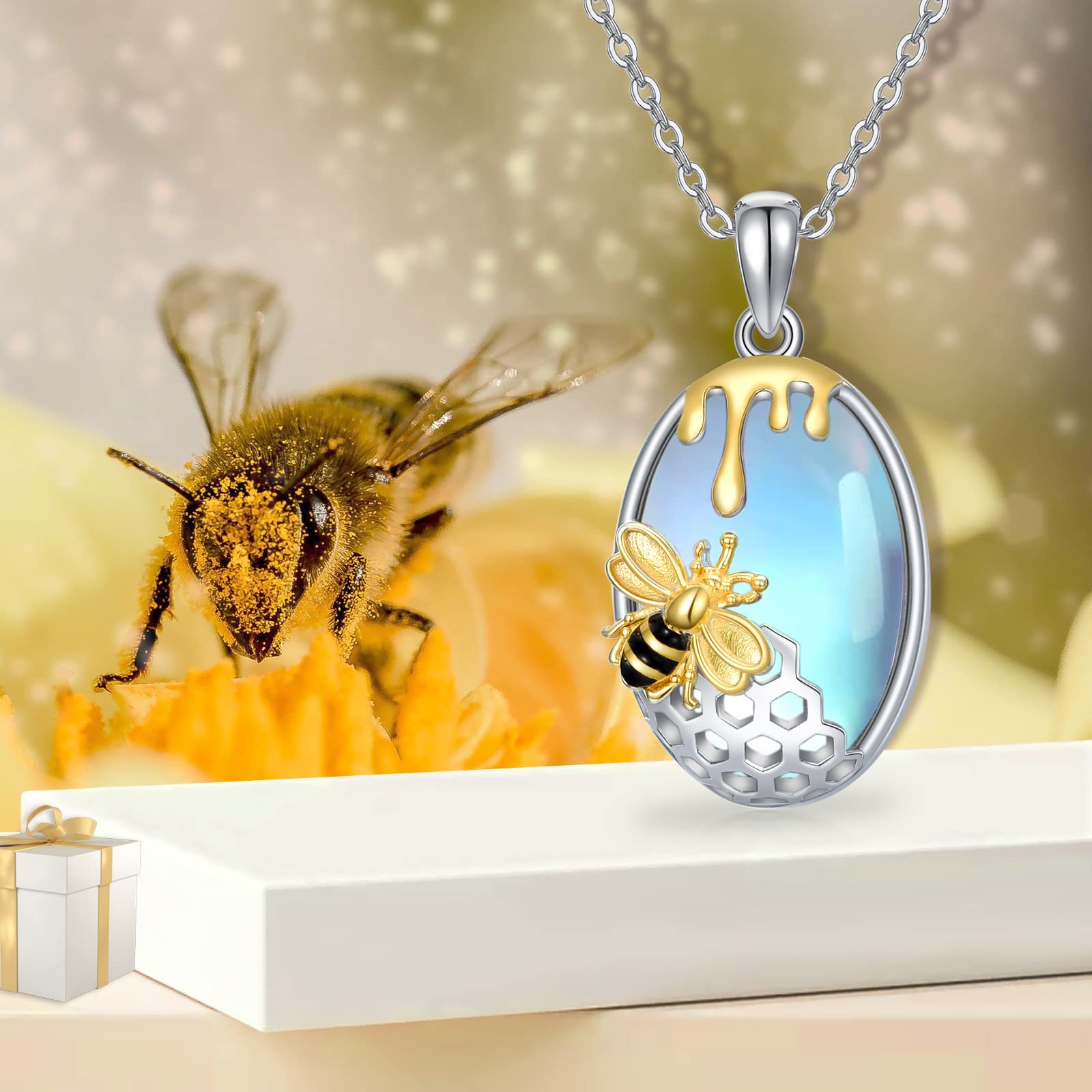 YAFEINI Bee Jewelry Necklace Sterling Silver Honeycomb Honey Bee Moonstone Pendant Necklace Jewelry Christmas Gifts for Women Teen Girls (Moonstone oval bee necklace)