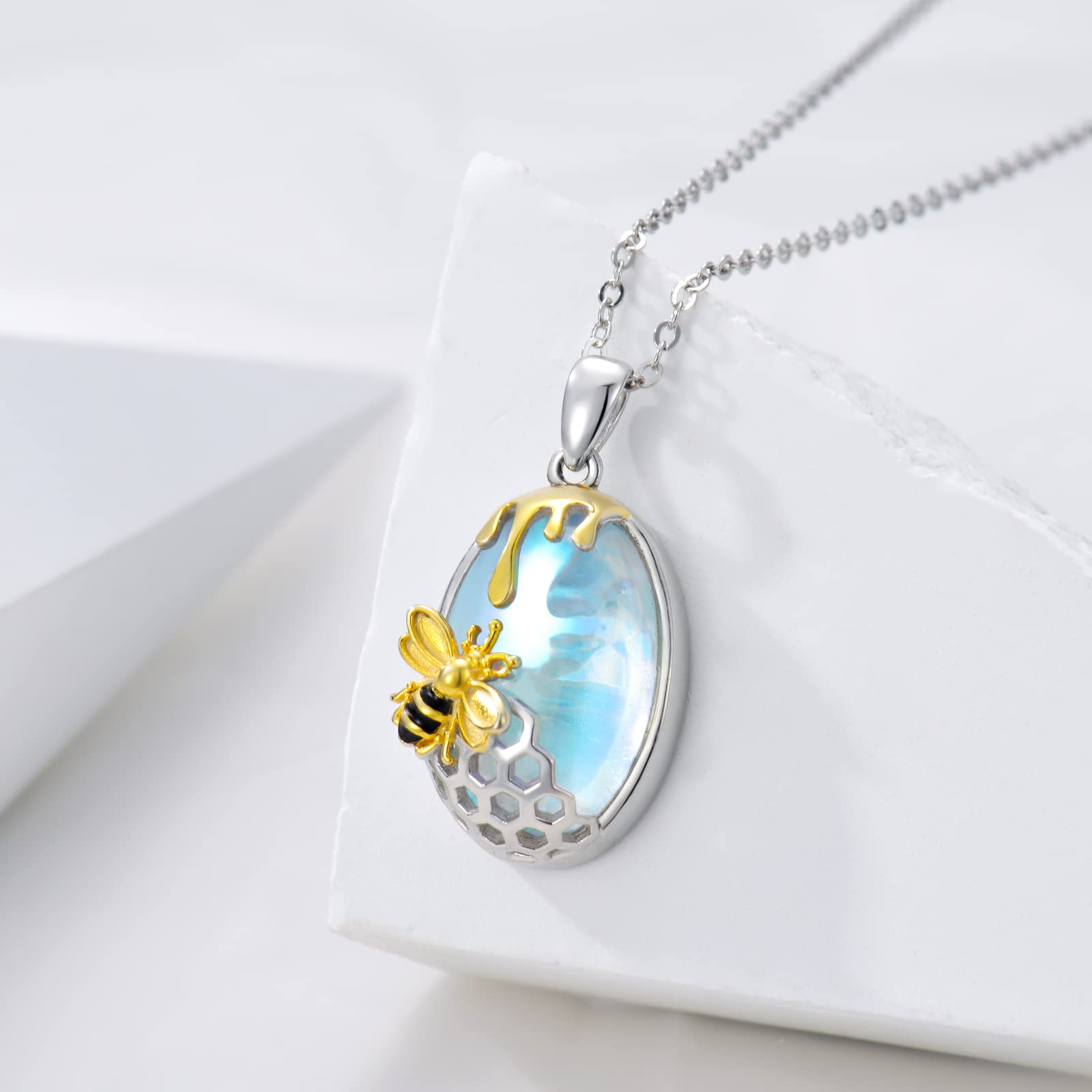 YAFEINI Bee Jewelry Necklace Sterling Silver Honeycomb Honey Bee Moonstone Pendant Necklace Jewelry Christmas Gifts for Women Teen Girls (Moonstone oval bee necklace)