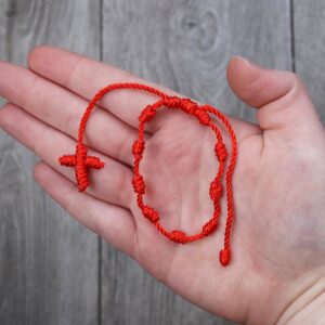 Needzo Red Knotted Rosary, Durable Twine Prayer Bracelet, Catholic Cord Jewelry Confirmation Keepsake Gift, 8 Inches Adjustable (Pack of 3)