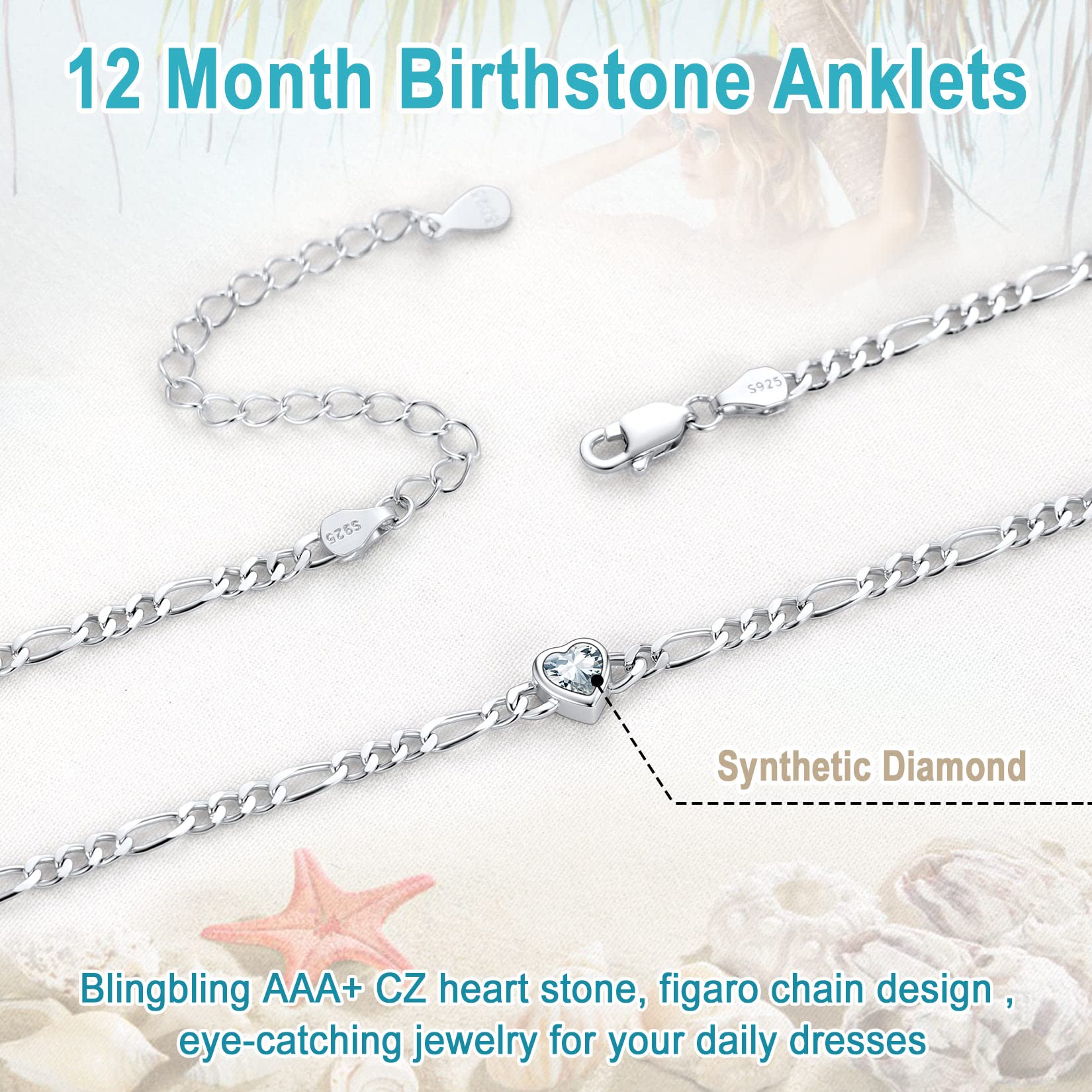 SILVERCUTE April Birthstone Ankle Bracelet 925 Sterling Silver 3mm Chain for Barefoot Figaro Anklets for Women, 8.5"-10.5"