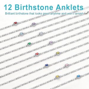 SILVERCUTE April Birthstone Ankle Bracelet 925 Sterling Silver 3mm Chain for Barefoot Figaro Anklets for Women, 8.5"-10.5"