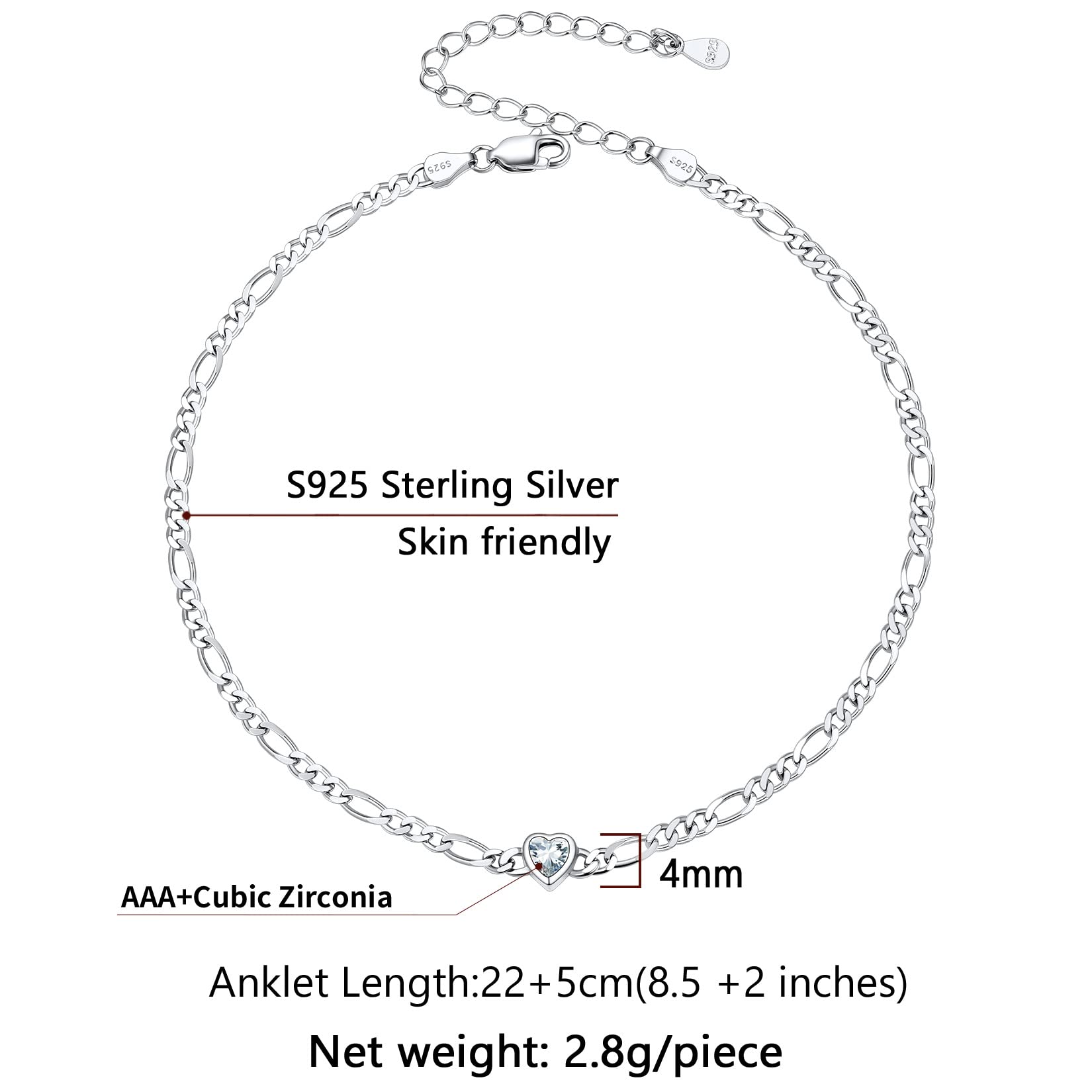 SILVERCUTE April Birthstone Ankle Bracelet 925 Sterling Silver 3mm Chain for Barefoot Figaro Anklets for Women, 8.5"-10.5"