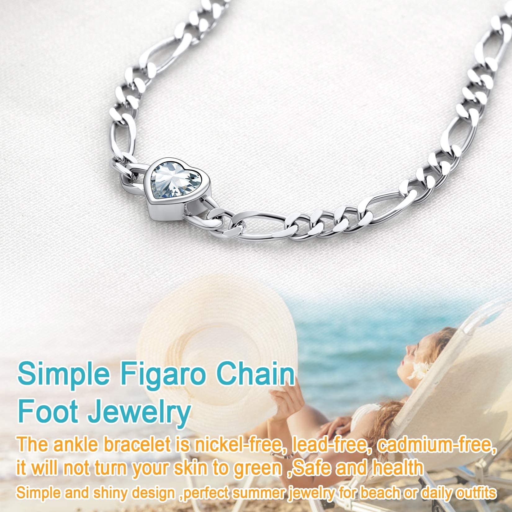 SILVERCUTE April Birthstone Ankle Bracelet 925 Sterling Silver 3mm Chain for Barefoot Figaro Anklets for Women, 8.5"-10.5"