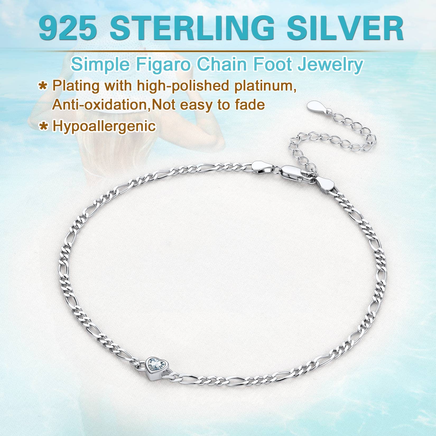 SILVERCUTE April Birthstone Ankle Bracelet 925 Sterling Silver 3mm Chain for Barefoot Figaro Anklets for Women, 8.5"-10.5"