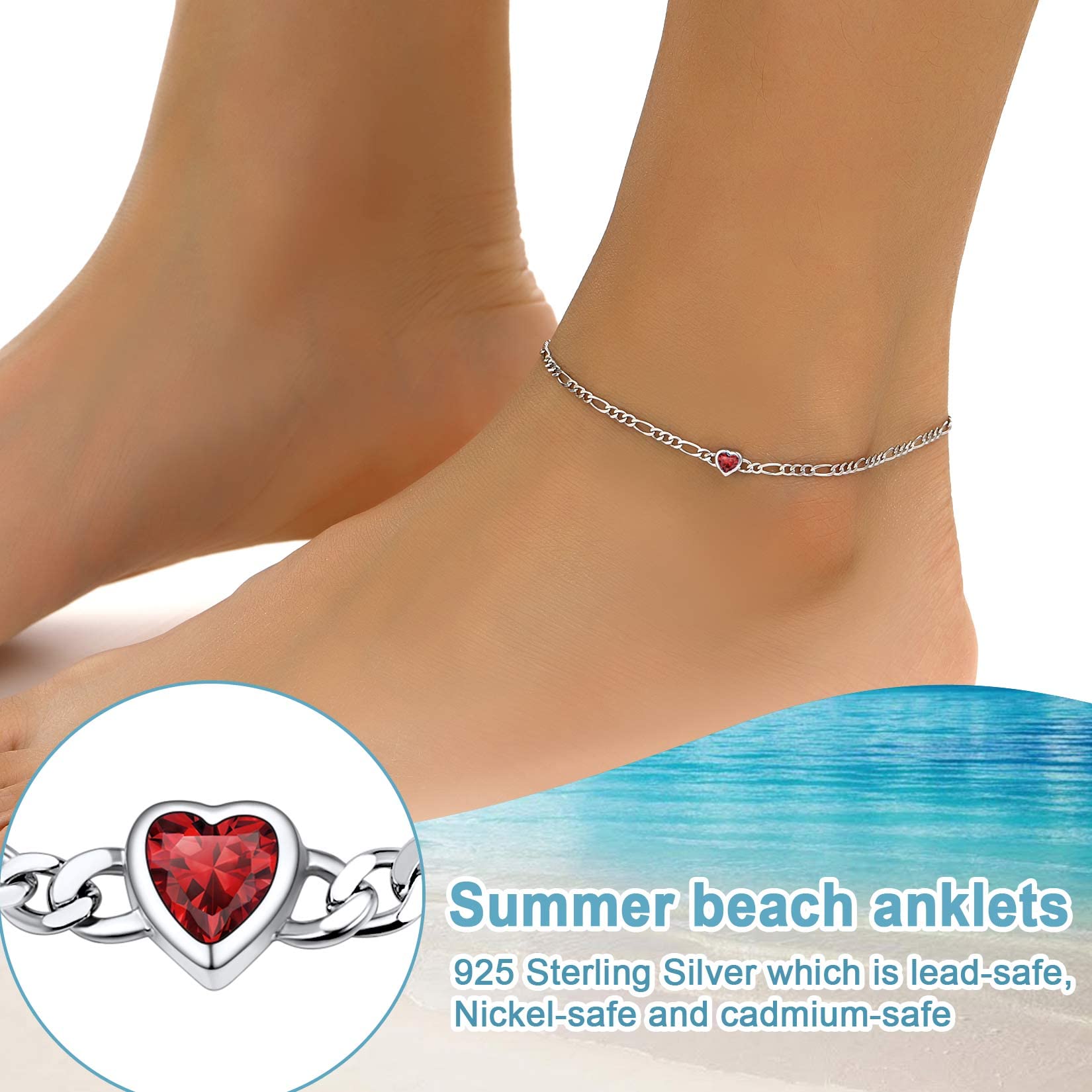 SILVERCUTE April Birthstone Ankle Bracelet 925 Sterling Silver 3mm Chain for Barefoot Figaro Anklets for Women, 8.5"-10.5"