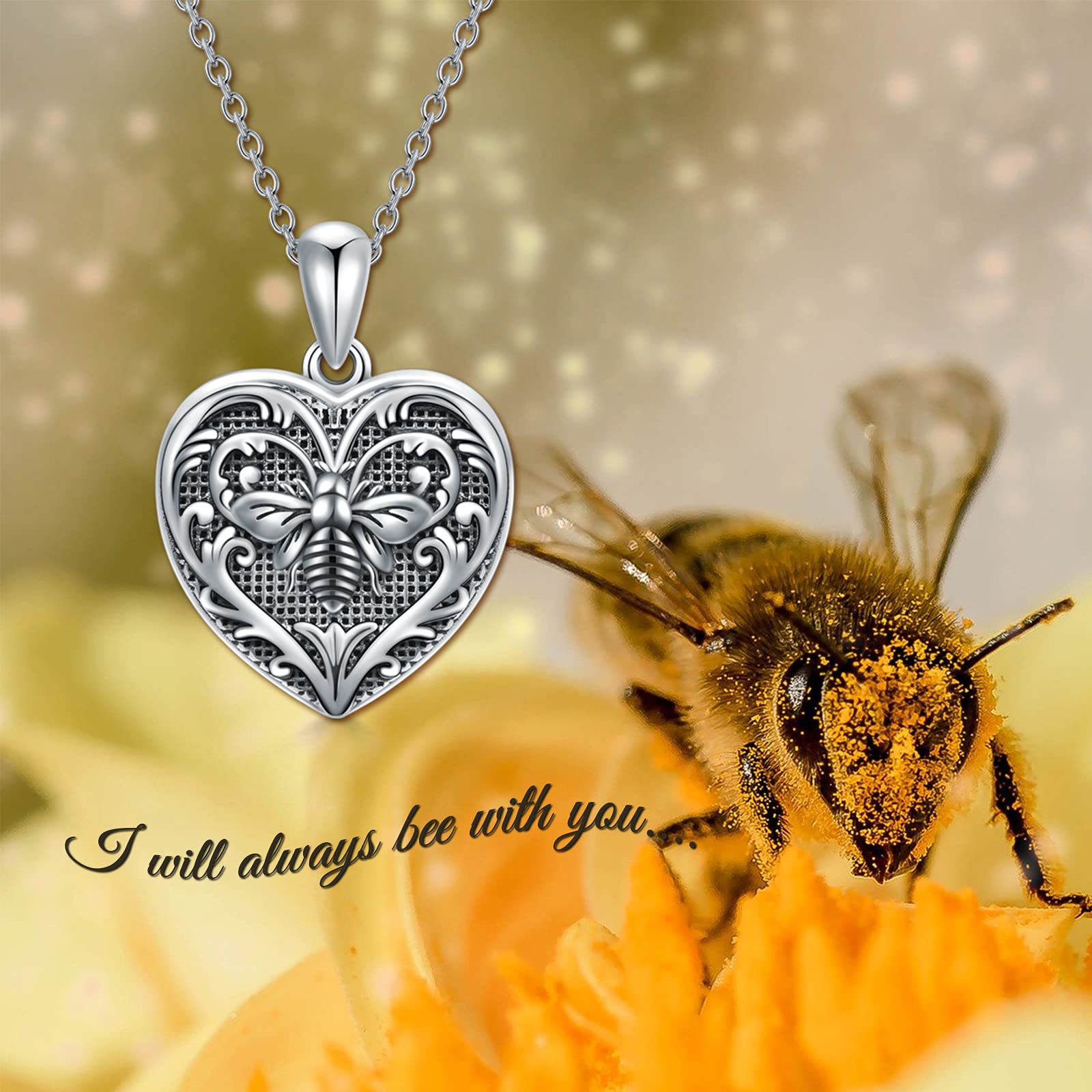 SOULMEET Heart Shaped Honeybee Locket Necklace That Holds 2 Pictures Photo Keep Someone Near to You Sterling Silver Custom Jewelry Personalized Locket Necklace (Locket only)