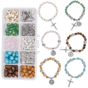 sunnyclue 1 box 276pcs rosary cross charms round cross beads beading bracelets making kit diy synthetic turquoise beaded adjustable stretch rosary bracelet kits cross beads craft kit instruction