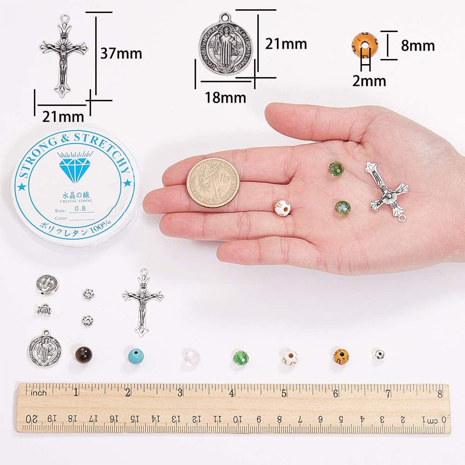 SUNNYCLUE 1 Box 276Pcs Rosary Cross Charms Round Cross Beads Beading Bracelets Making Kit DIY Synthetic Turquoise Beaded Adjustable Stretch Rosary Bracelet Kits Cross Beads Craft Kit Instruction